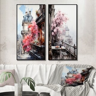Designart "Pink Paris Parisian Balconies" Paris Framed Wall Art Set Of ...