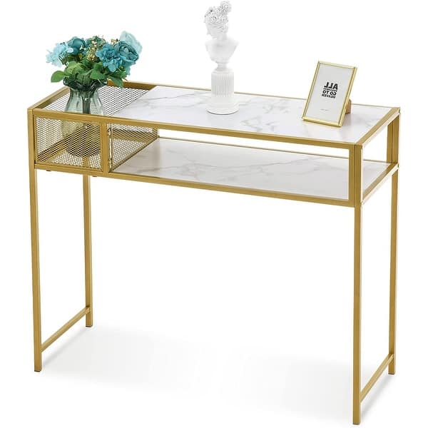 Ivinta White Gold Console Table with Storage, Marble Sofa Table - Bed ...