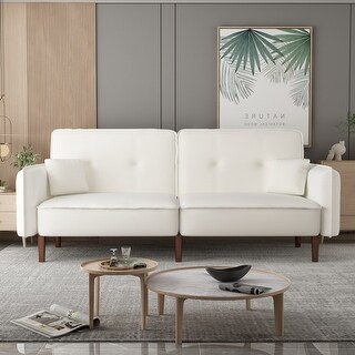 Cream Adjustable Backrest Fabric Futon Sofa Bed with Solid Wood Legs ...