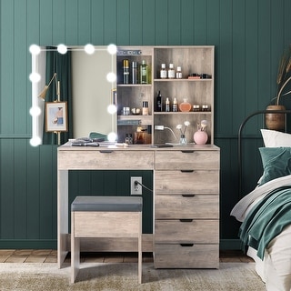 6 Drawers Dressing Table Set with 3 Shelves,LED Mirror and Cabinet ...