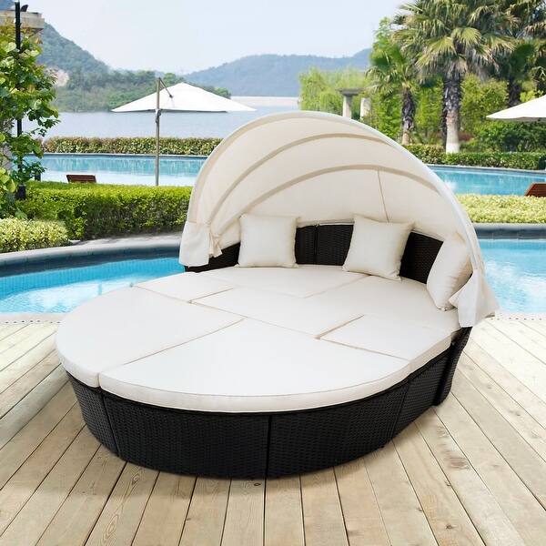 Outdoor Round Daybed Sunbed with Retractable Canopy Beige Blue - Bed ...