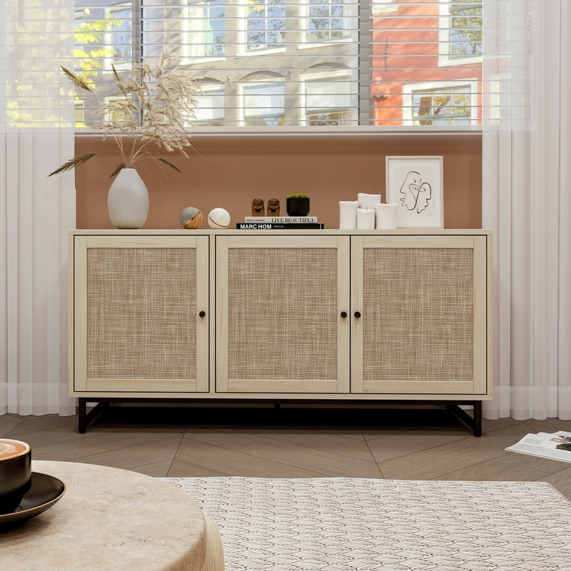 Caterina Bohemian Wood /Natural Rattan 2-Door Storage Cabinet-Natural ...
