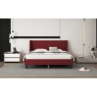 Queen Size Red Bed Frame Upholstered Bed Frame Platform Linen Fabric ...