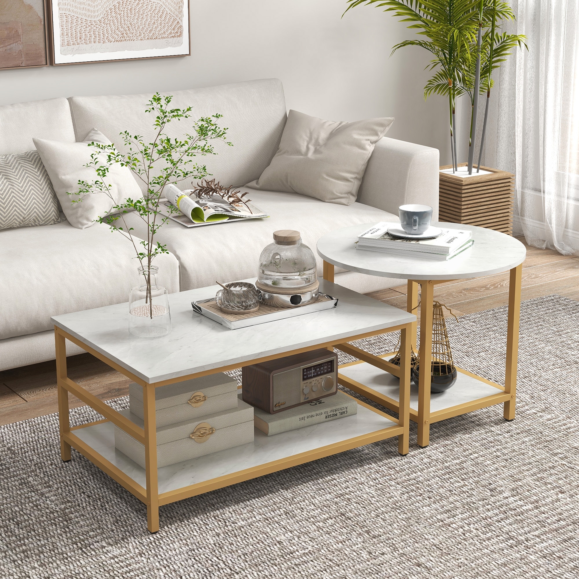 Homcom Coffee Tables Set of 2 Rectangle and Round Coffee Table with Storage Shelves Faux Marble Top and Steel Frame White