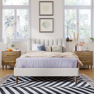 Linen Upholstered Platform Bed with Vertical Channel Tufted Headboard ...