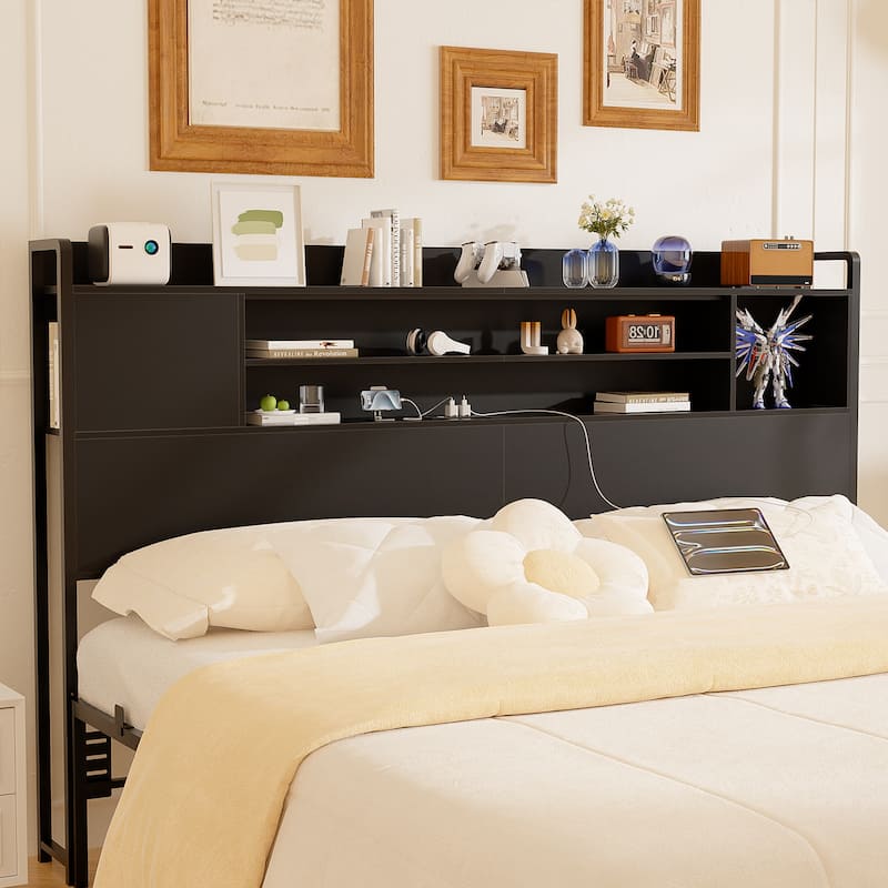 Storage Headboard with USB Port and Power Outlet, Head Board with LED ...