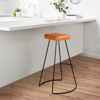 Uri 32 Inch Modern Bar Stool, Genuine Leather Seat, Metal Frame, Button ...