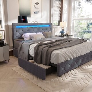 Queen LED Bed Frame with 4 Storage Drawers and 2 USB Ports, Modern ...