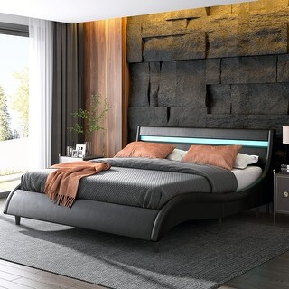 Upholstered Smart LED Bed Frame with Headboard，Modern Faux Leather Wave ...