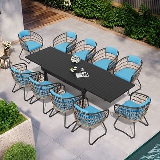 11PC Outdoor Aluminum Expandable Rectangle Patio Dining Sets Table with Rattan Chair - Bed Bath ...