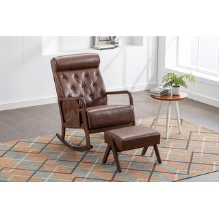 Mid-Century Modern PU Leather Rocking Chair With Ottoman/High Backrest ...