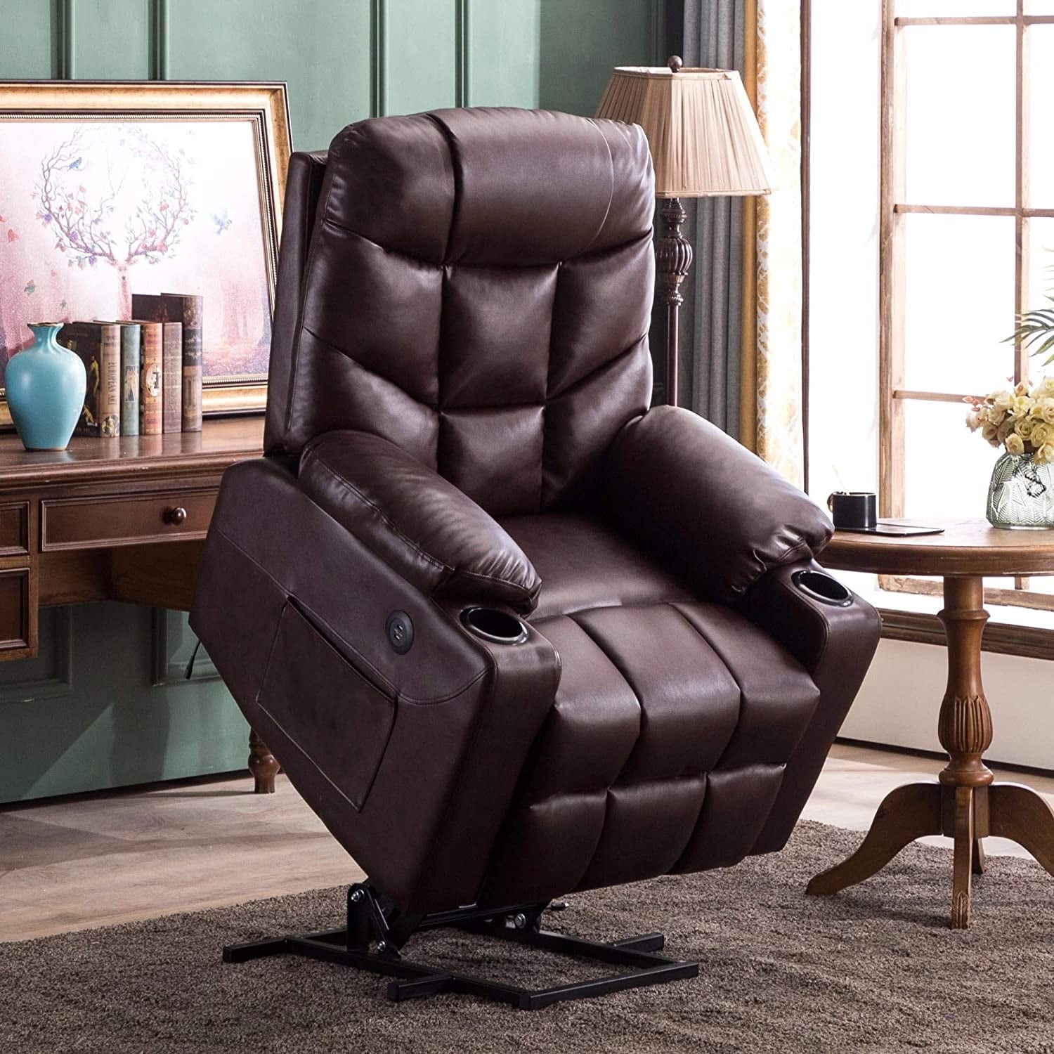 MCombo Electric Power Lift Recliner Chair Sofa for Elderly 2 Side Pockets and Cup Holders Faux Leather 7288