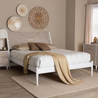Louetta Coastal White Queen Size Platform Bed with Carved Contrasting ...