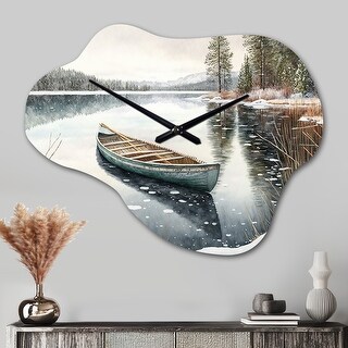 Designart - Winter Scene With Canoe IV - Lake House Cottage Wall Clock ...