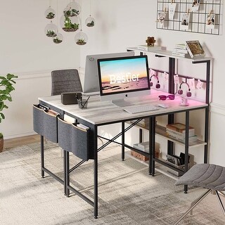 44'' Gaming Computer Narrow Desk W/ Led Bookshelf Grey - Bed Bath ...