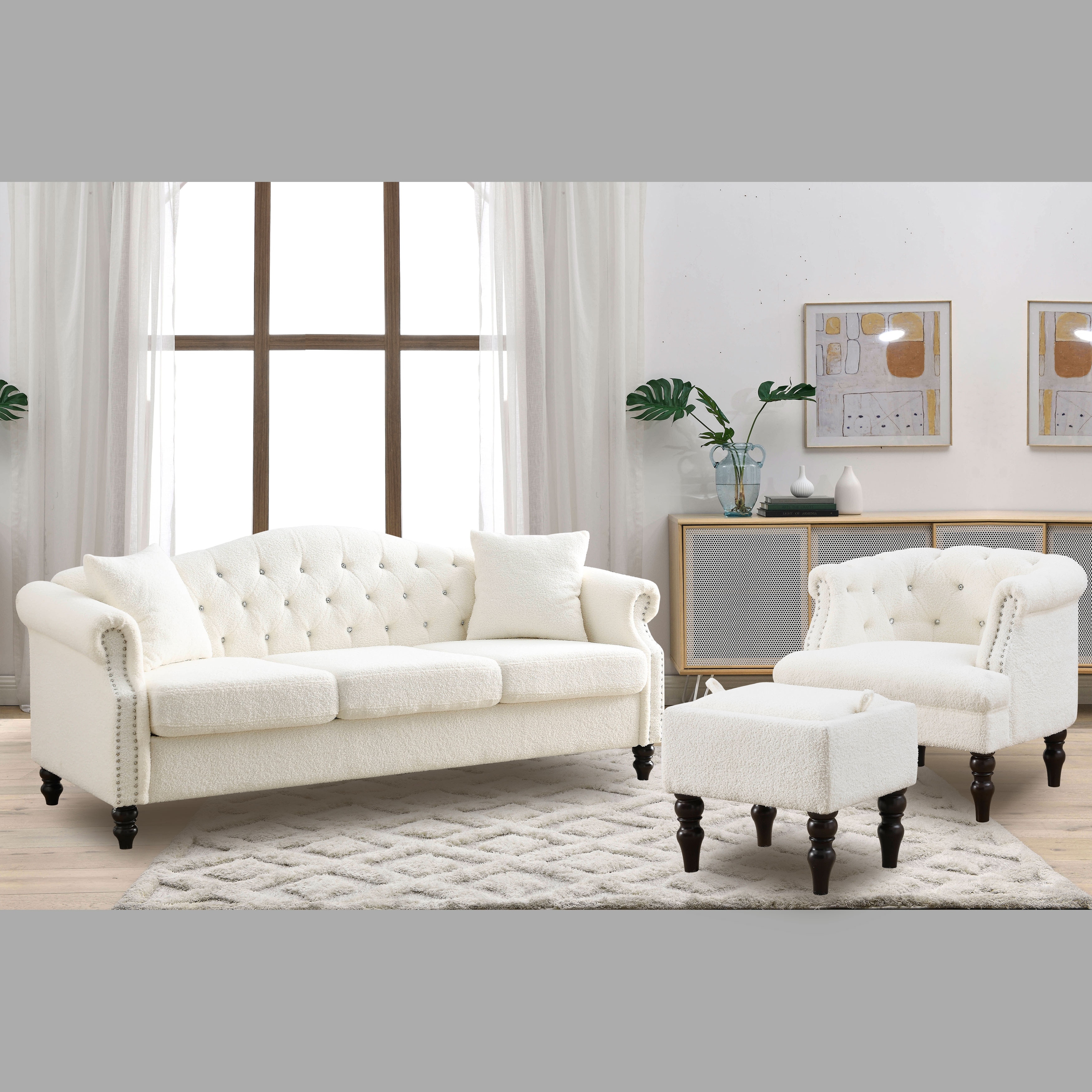 3+1 Combination of Chesterfield 3 Seater Sofa and Chair Modern White Teddy Padded Seat Sofa ...