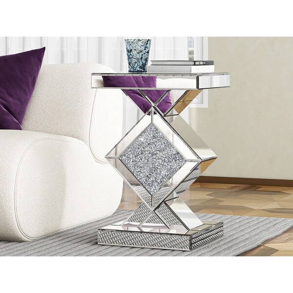 Modern Mirrored Glass Top End Table with Crushed Diamond Mirror Glass
