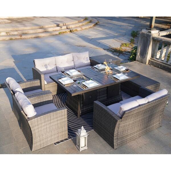 Patio Sofa Set With Gas Firepit and Ice Container Dining Table and ...