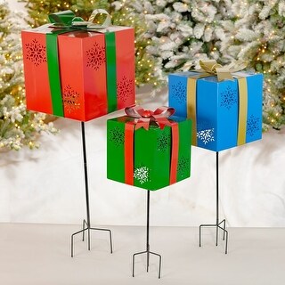 Set of 3 Assorted Christmas Gift Box Iron Garden Stakes - Bed Bath ...
