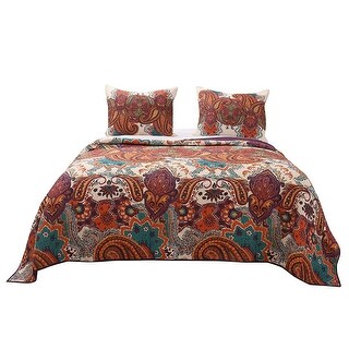 3 Piece King Size Cotton Quilt Set with Jacobean Print, Multicolor ...