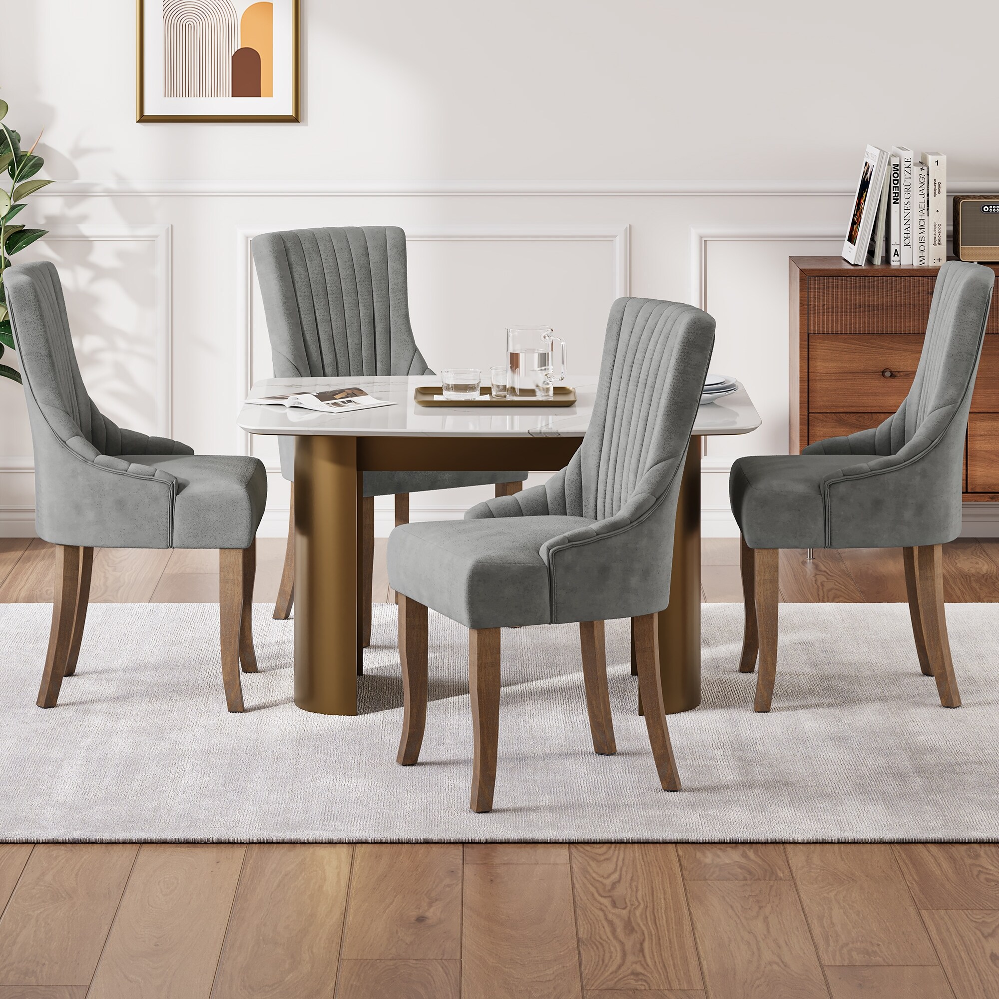 Moasis Velvet Traditional Dining Chair Side Chair with Birch Wood Legs Wind Back Set of 4