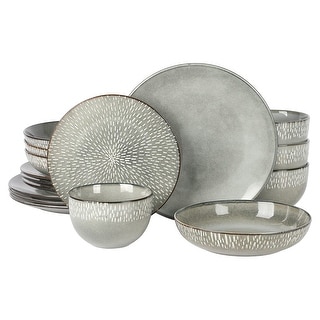 16 Piece Stoneware Dinnerware Set in Grey with Reactive Glaze - Bed ...
