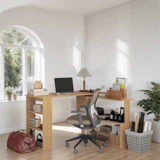 L Shaped Corner Desk, 360 Degree Rotating Home Office Desk w/ Shelves ...