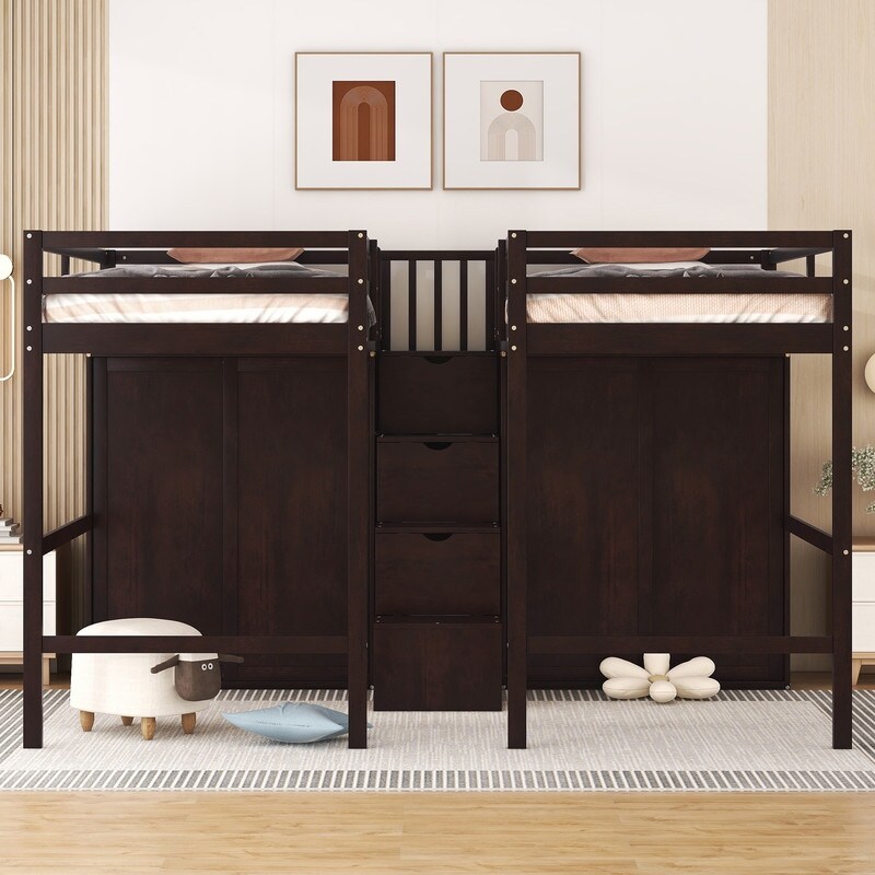 Double Loft Beds with Wardrobes and Staircase Twin Size White