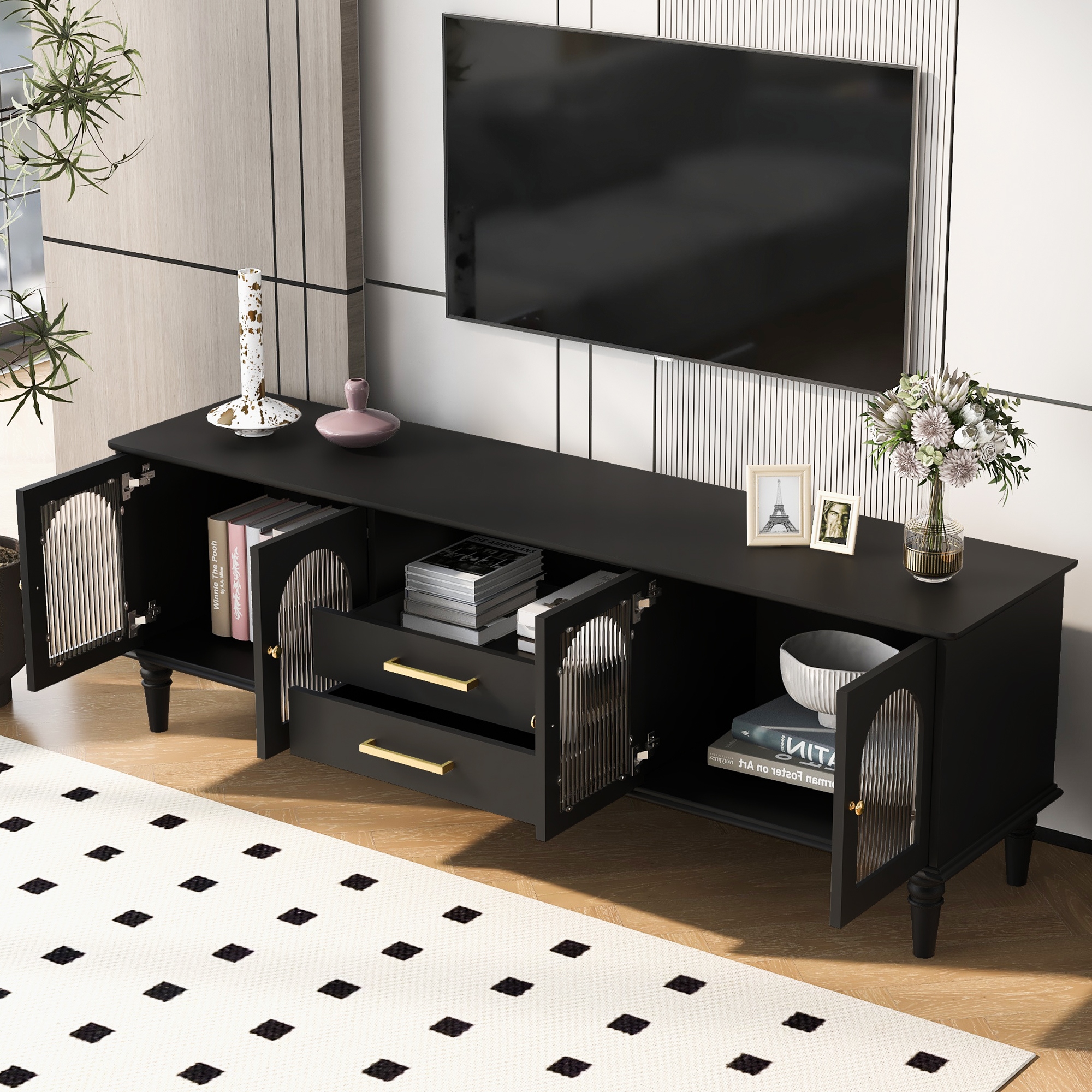 TV Stand TV Cabinet with Arched Fluted Glass Doors 2 Drawers Entertainment Center Media Console for TVs up to 75