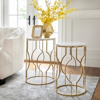 Set of Two 24"H/22"H Gold Metal/Marble Round Accent Side Tables for ...