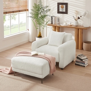 Lamb Wool Fabric Upholstered Chair With Ottoman Comfy Reading Armchair ...
