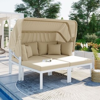 Patio Double Sunbed with Retractable Canopy, Outdoor 3-Piece Metal ...