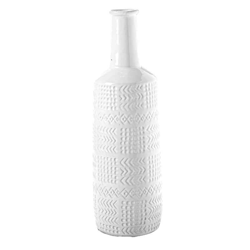 17 Inch Round Ceramic Bottle Vase with Tribal Pattern, White ...