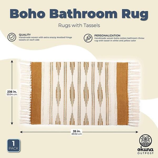 Yellow Bohemian Bathroom Rug with Tassels, Bohemian Style Mat (23.6 x ...