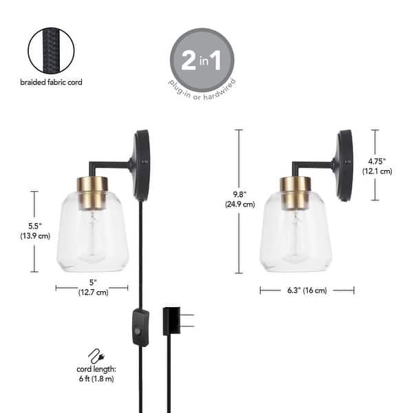 Salma 1-Light Matte Black Plug-In or Hardwire Wall Sconce with Antique Brass Accent Socket and ...