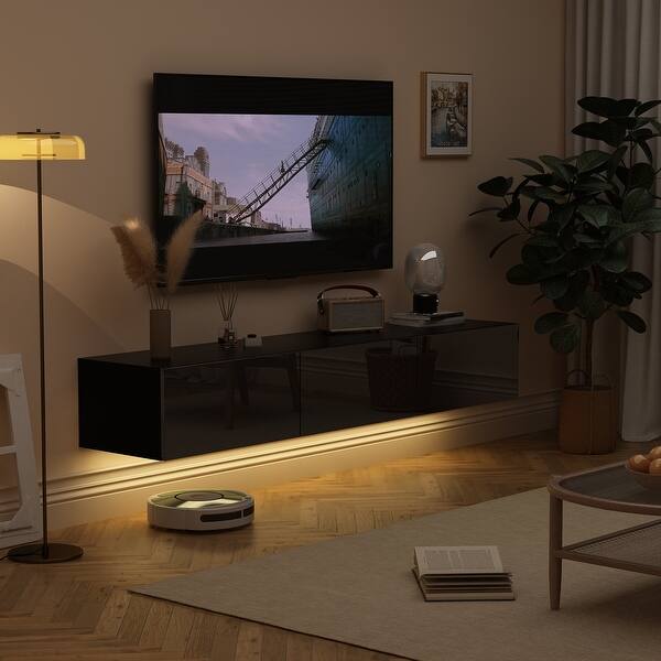 63" TV Stand Hanging TV Consoles Wall TV Cabinet with LED Entertain ...