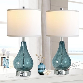 Blue Glass Table Lamps Set Of 2 With USB Ports Touch Control - 22"l ...