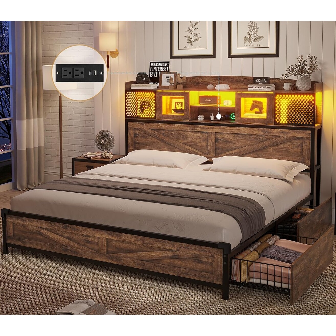 Bed Frame Platform Bed Storage Bookcase Headboard 4 Drawers - On Sale ...