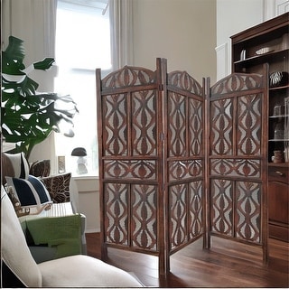 Brown Decorative 3 Panel Mango Wood Screen with Abstract Carvings - Bed ...