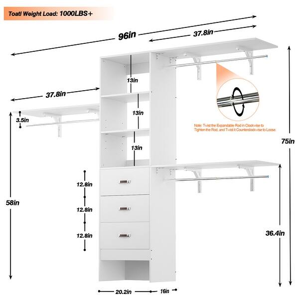 96'' W Modern White Closet Organizer System with Drawers for Walk-in ...