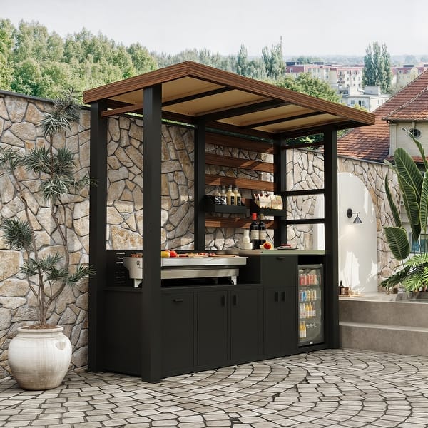 Patio Grill Workstation with Fridge Slot, Hidden Trash Bin & Weather ...