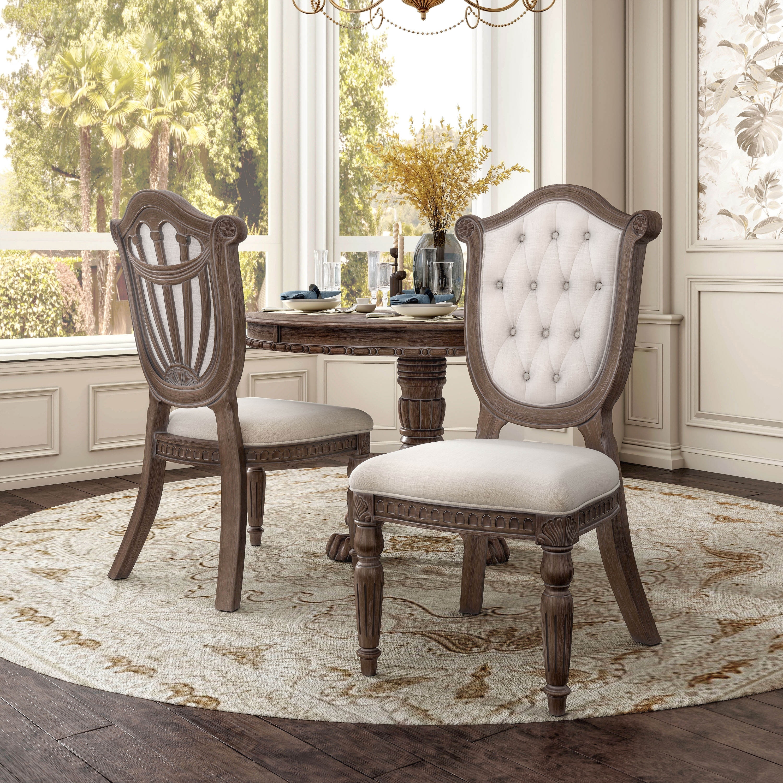 Furniture of America Cassian Traditional Weathered Oak Padded Dining Chairs with Button Tufted Back Set of 2