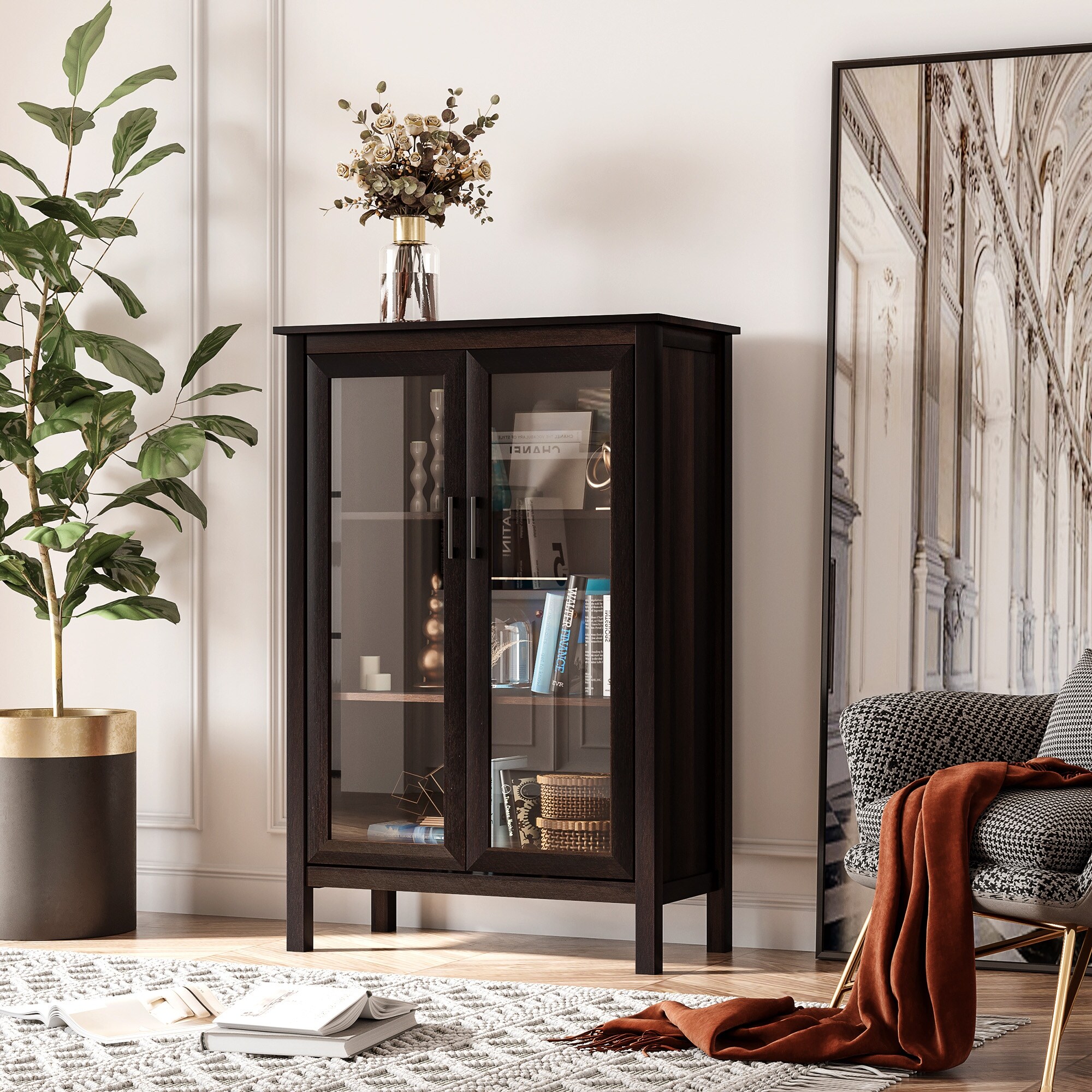 HOMCOM Rustic Kitchen Storage Cabinet Accent Sideboard with Glass Doors Adjustable Shelves for Dining Living Room On Sale Bed Bath Beyond 36503366