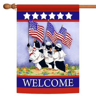 Patriotic Penguin Navy Sailors "Welcome" Outdoor Flag - 40" x 28" - Bed ...
