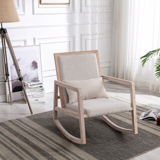 White Rocking Chair Solid Wood and Linen Fabric with Removable Lumbar ...