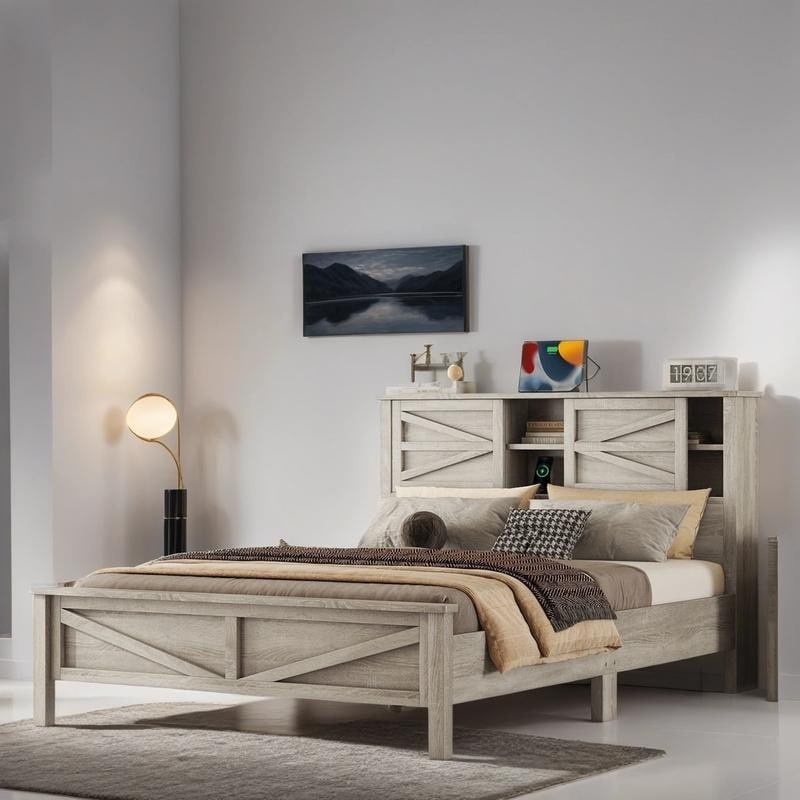 Farmhouse Platform Bed with Double Sliding Barn Door, Wood Bed with ...