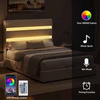 Beige Velvet Queen Bed with Hydraulic Storage & RGB LED Headboard - Bed ...
