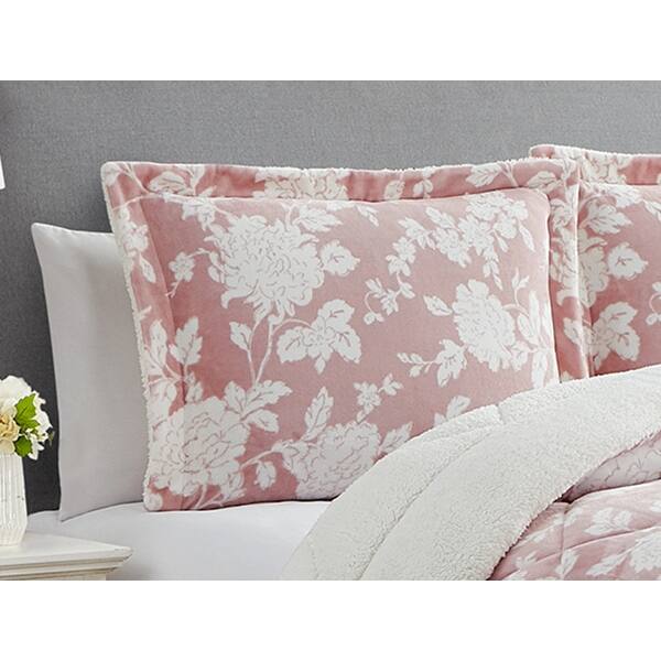 Hadley Floral Pink Ultra Plush-Sherpa 3 PC Comforter Bedding Set - Bed ...