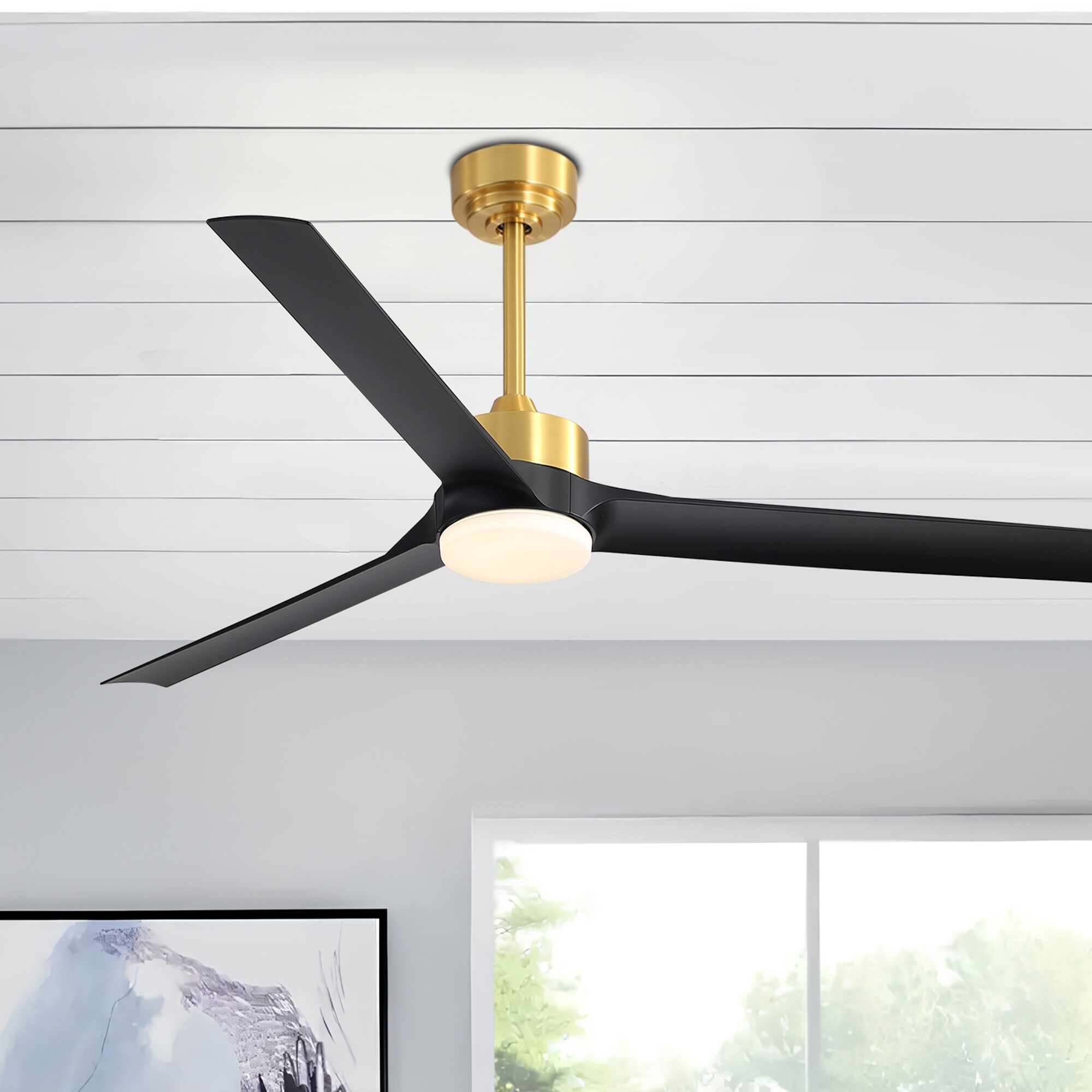 65-in LED Brushed Nickel/Gold Indoor Downrod Ceiling Fan with Light Remote (5-Blade) - Bed Bath ...