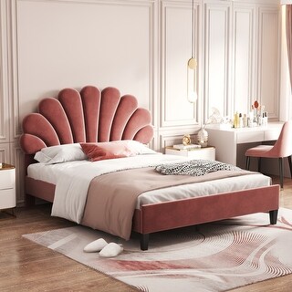 Full Platform Bed Red Velvet Upholstered Frame Bed with Flower Design ...